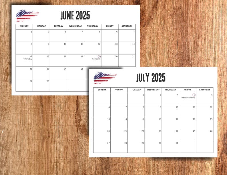 Printable Digital Calendar 2025, Monthly Calendar, Patriotic Design ...
