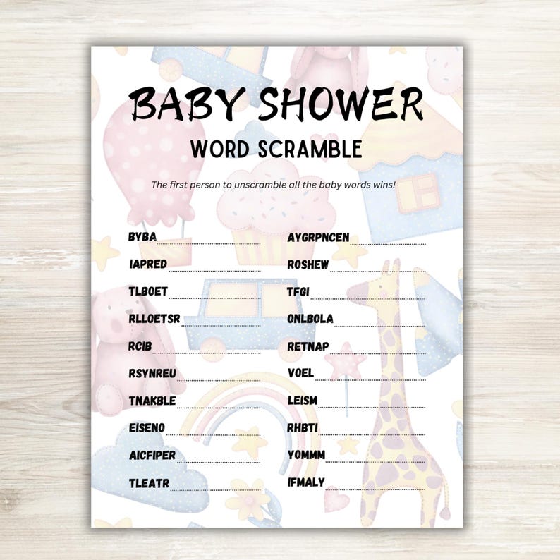 Baby Shower Word Scramble, Printable Baby Shower Games, Baby Shower ...