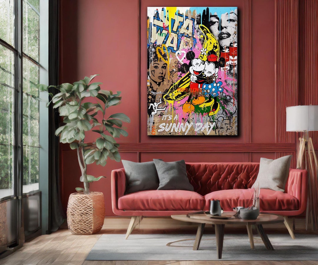 Mickey Mouse & Minnie Mouse Banana Pop Art Canvas Wall Art, Graffiti ...