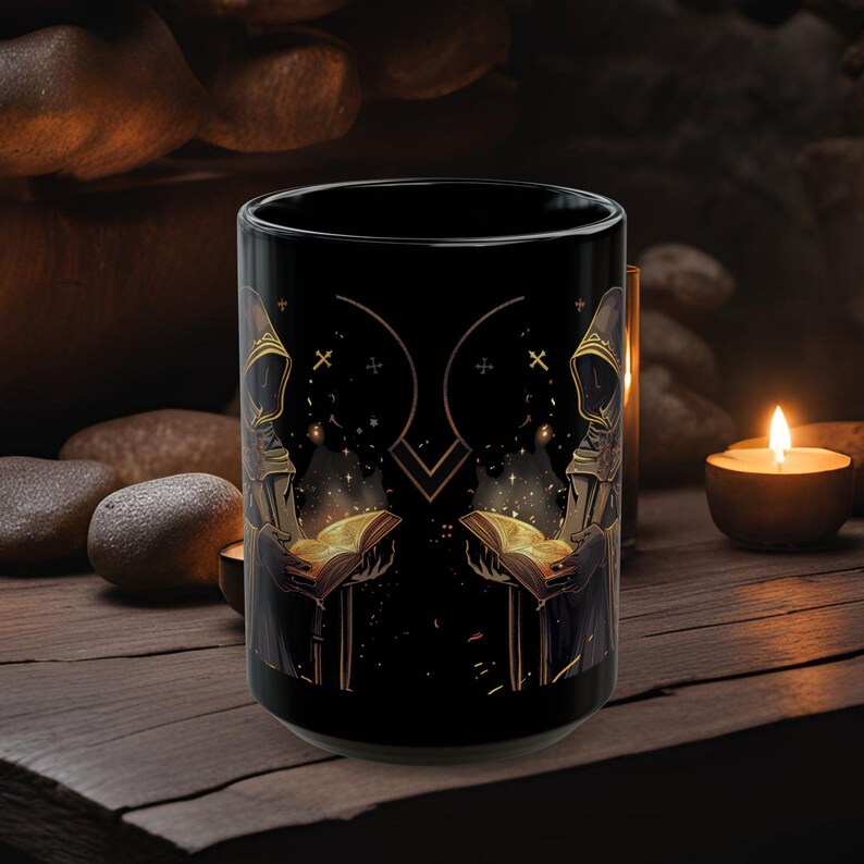 Medieval Wizard Monk Black Mug - Sorcerer Tapestry Art Cup, 11oz Coffee ...