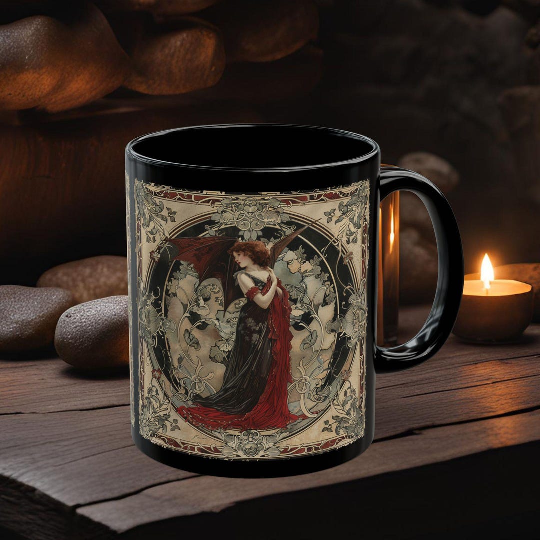 Art Nouveau Mug Vampire Woman Floral Patterns, Black Coffee Cup Gothic ...
