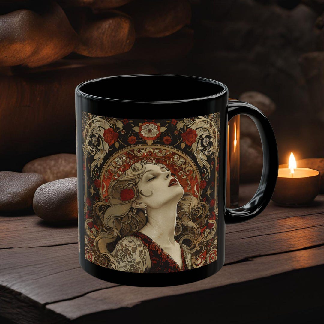 Art Nouveau Woman Floral Mug Patterns, Black Coffee Cup Gothic ...