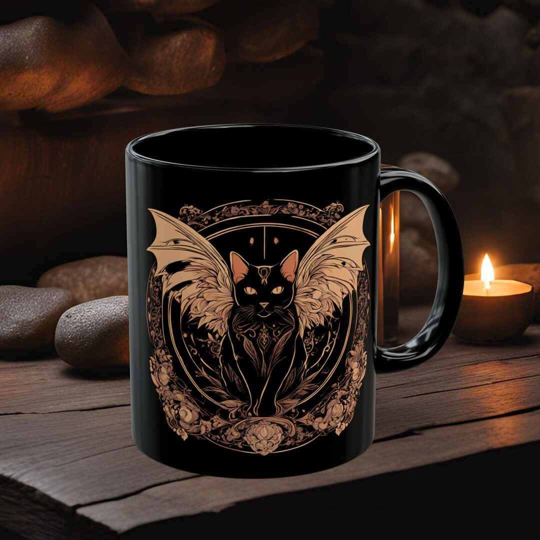Art Nouveau Cat Floral Mug Patterns, Black Winged Cat Coffee Gothic ...