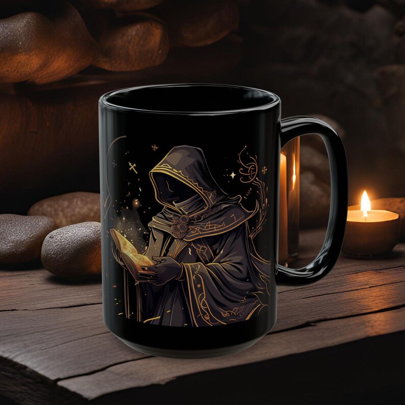 Medieval Wizard Monk Black Mug - Sorcerer Tapestry Art Cup, 11oz Coffee ...