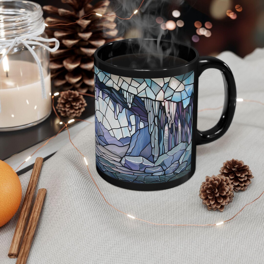 Ice Cave Stained Glass Style Black Mug 11oz , Winter Coffee Cup ...