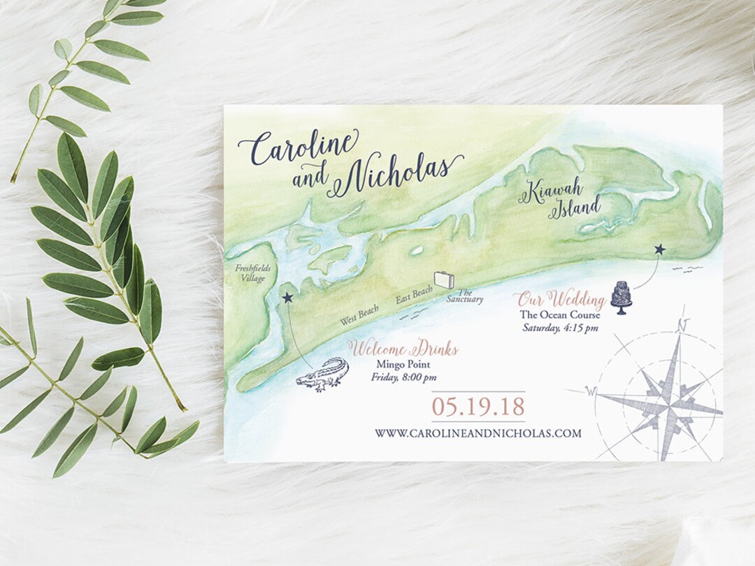 Kiawah Island, South Carolina - Custom Watercolor Painted Wedding Map ...