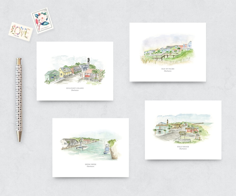 COASTAL Charleston Note Set - 8 Folded Notecards and Coordinating Color ...