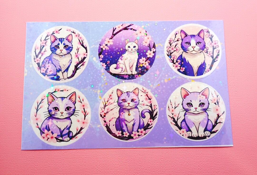 Purple Cat Stickers Cherry Blossom Circle Stickers 2 Inches - Etsy