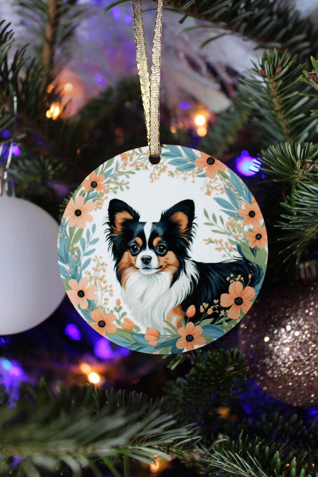 Papillon Ornament Holiday Christmas Floral Dog Papillon Gift Stocking ...