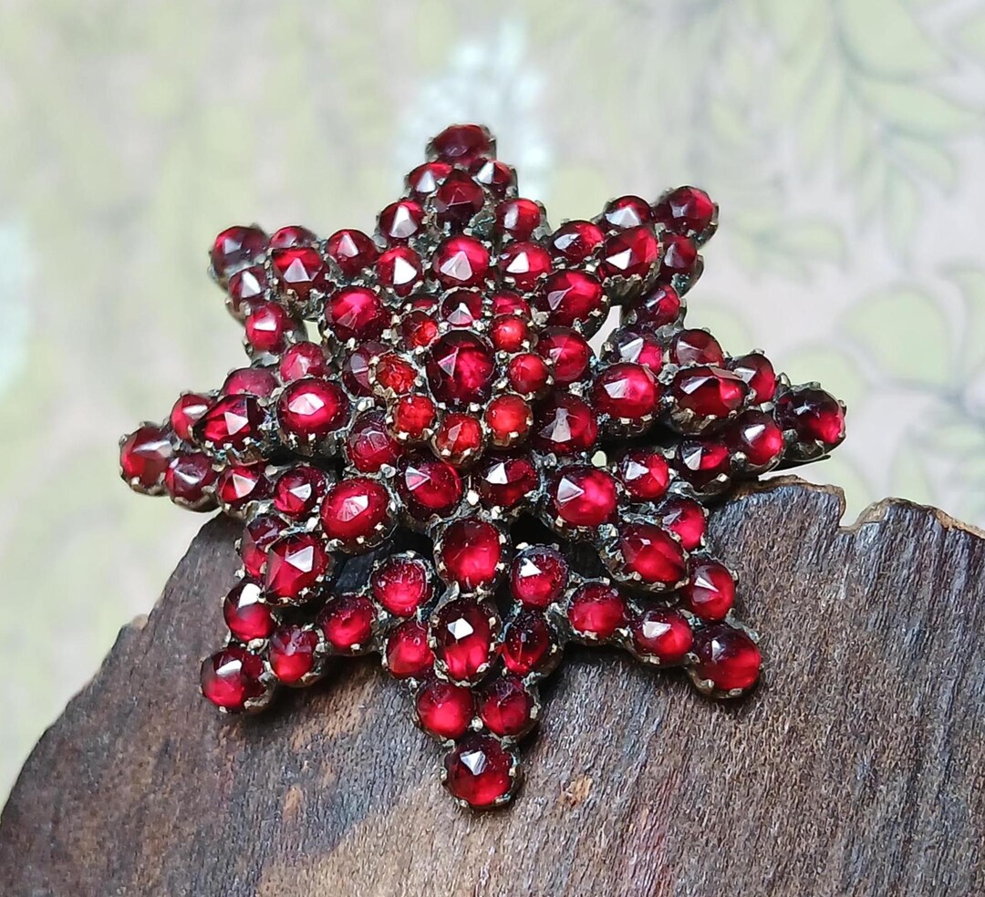 Antique Victorian Bohemian Garnet Pyrope Rose Cut Star Metal Brooch ...