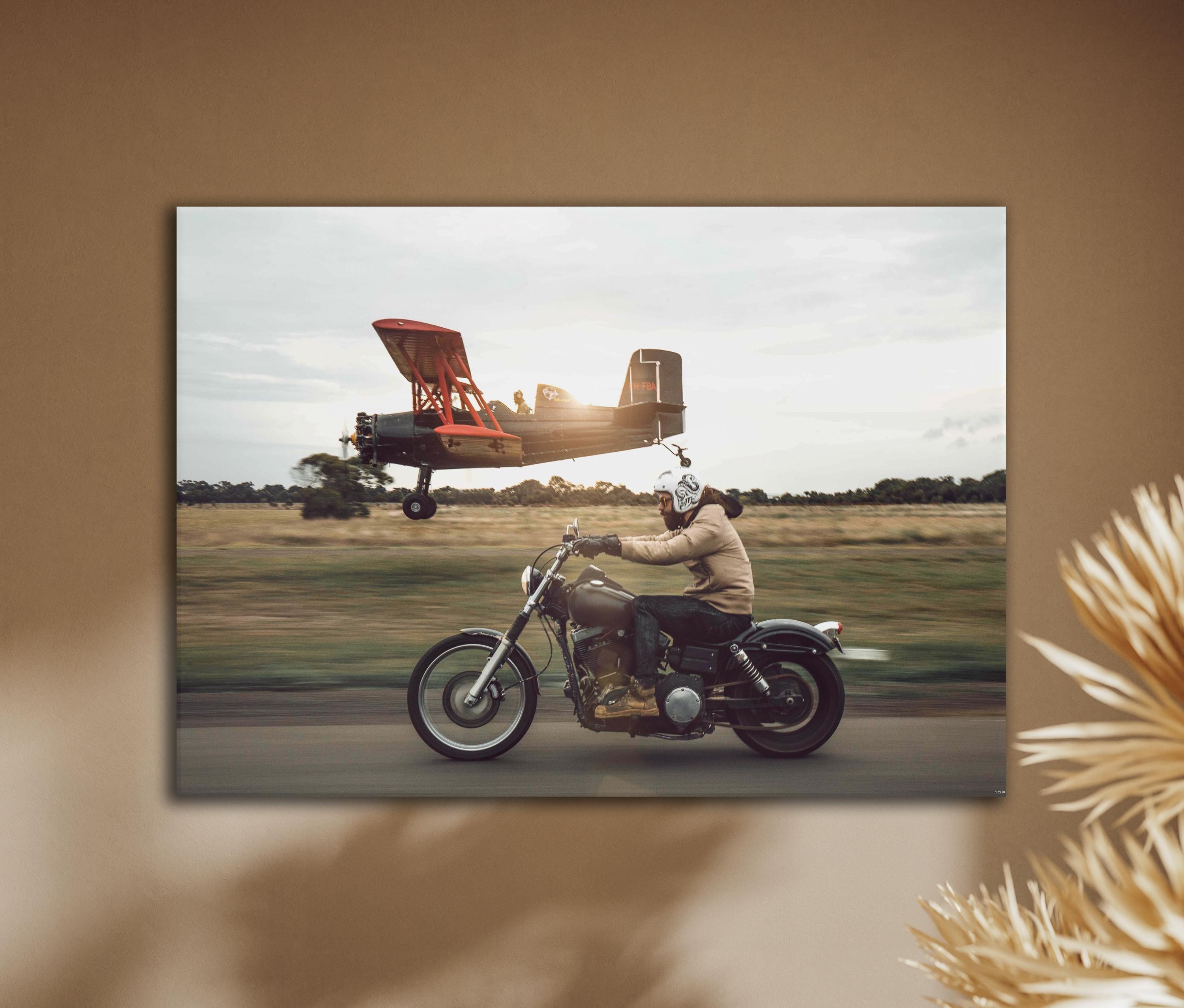 Motorcycle Racing With Airplane Canvas Print, Chopper Style Motorcycle ...