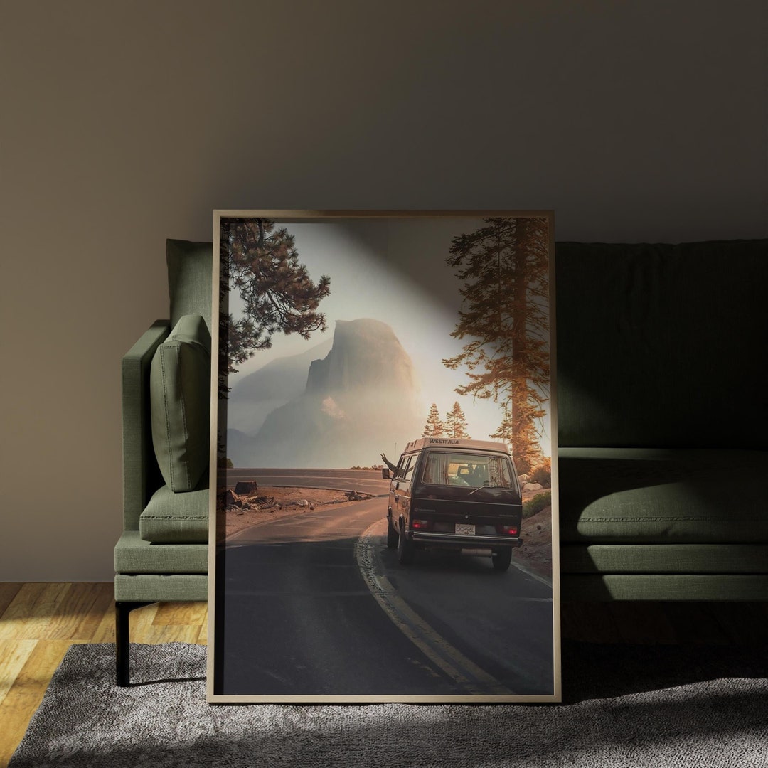 Vintage Minibus on Death Valley Poster Print on Wood, Road Trip ...
