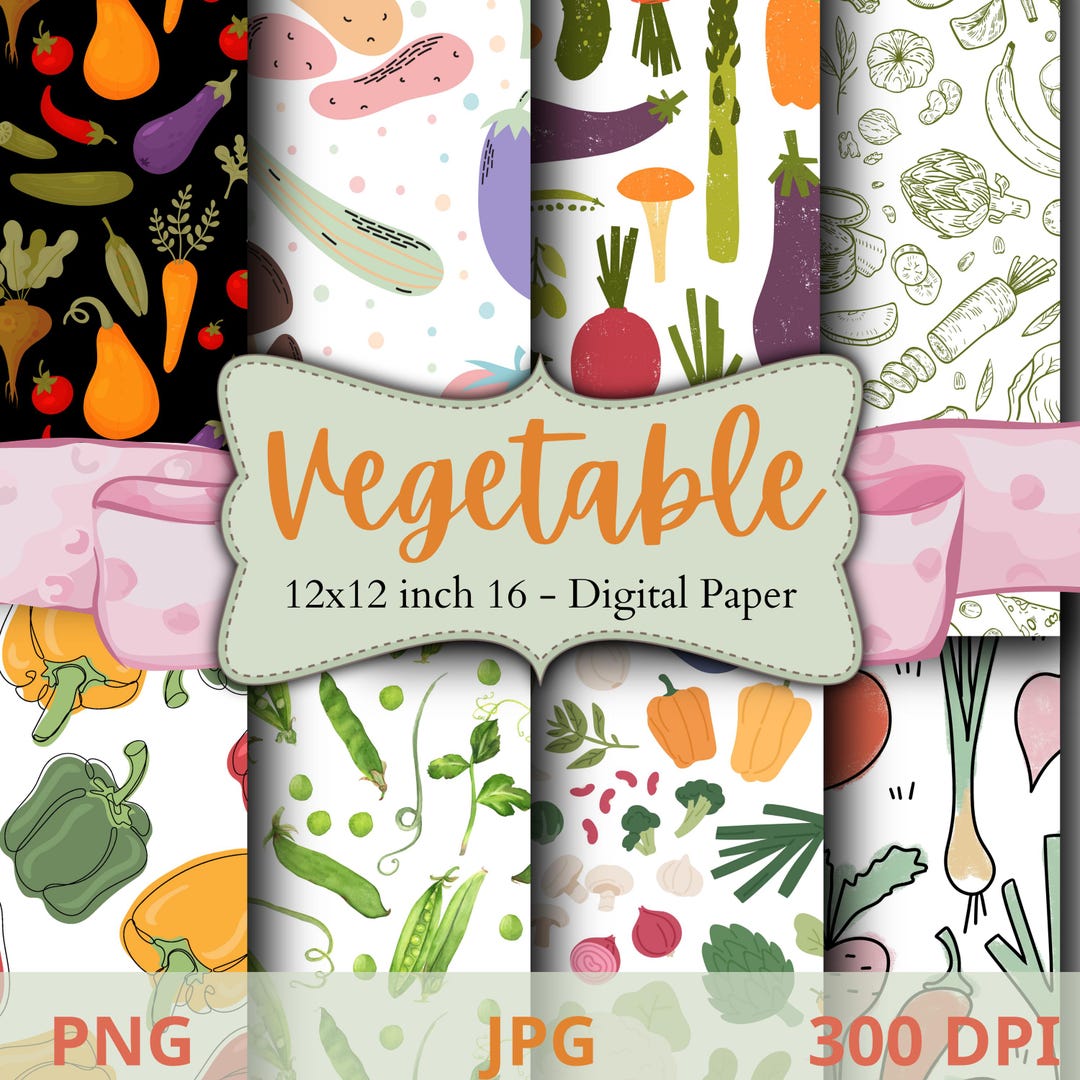 Vegetable Digital Paper Pack – 16 Seamless Food Patterns – 3600x3600px ...
