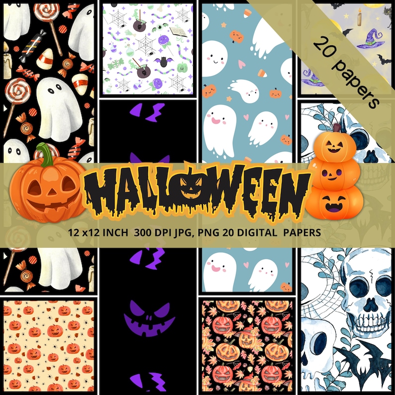 Halloween Digital Paper Pack – 20 PNG JPG Seamless Backgrounds | Spooky ...