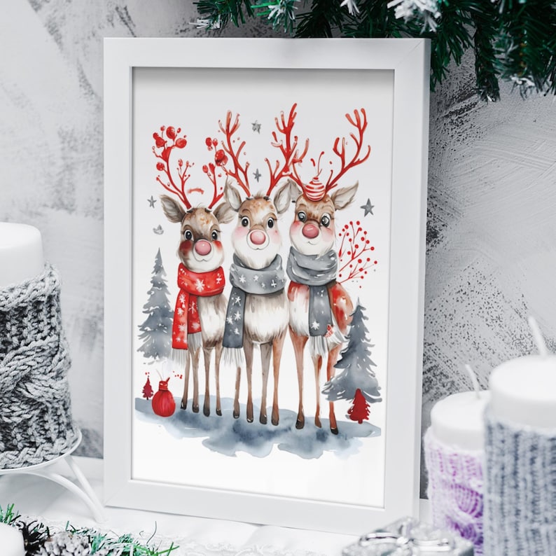 Christmas Reindeer Digital Download, Watercolor Winter Art Print ...