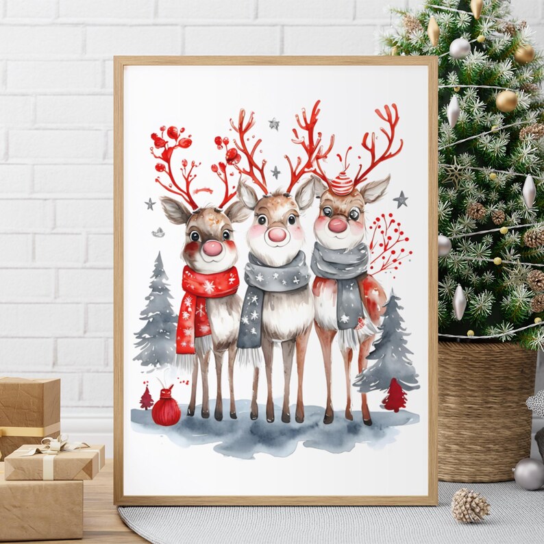 Christmas Reindeer Digital Download, Watercolor Winter Art Print ...