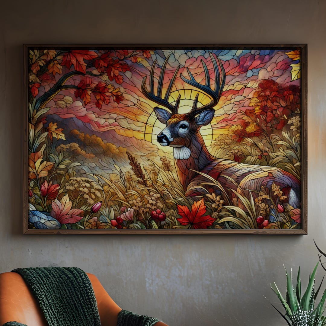 Whitetail Buck Digital Download, Stained Glass Deer Art Print, Autumn ...