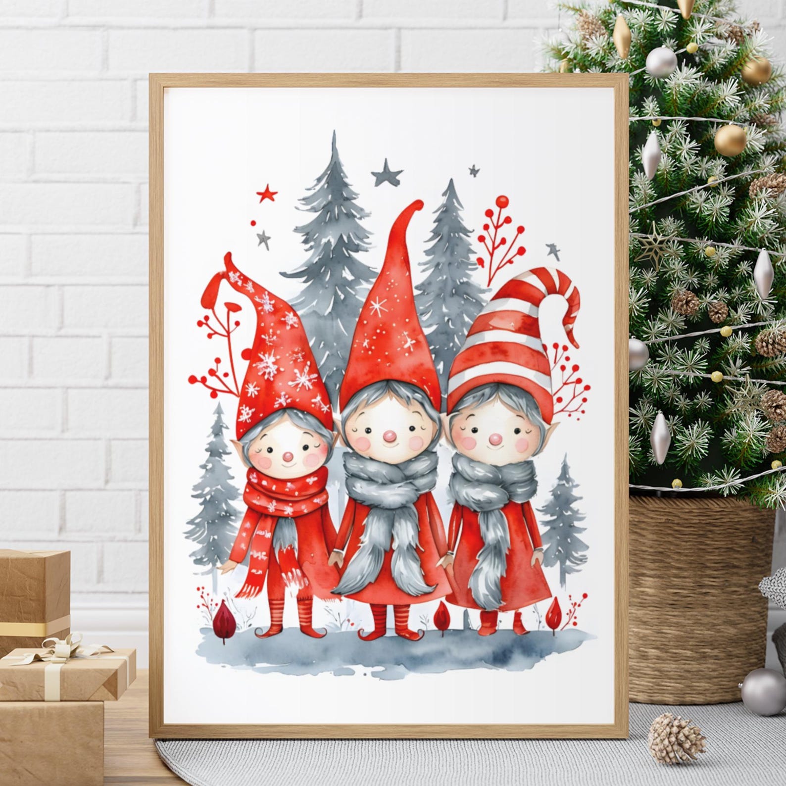Christmas Elf Digital Download, Watercolor Nordic Wall Art Print, Red ...