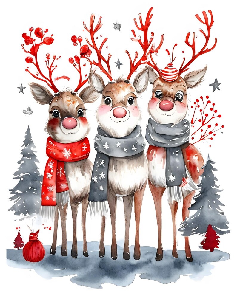 Christmas Reindeer Digital Download, Watercolor Winter Art Print ...