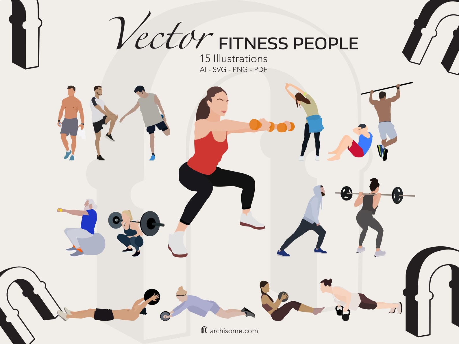 Flat Vector Fitness People Clipart, AI SVG PNG Pdf, Cutout Workout ...