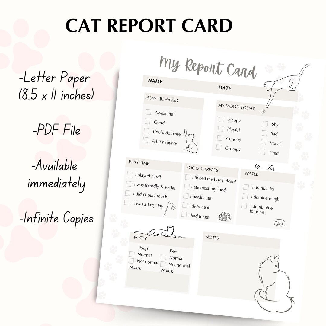 Cat Report Card for Pet Sitters, Day Care, Friends, Family, Etc. - Etsy