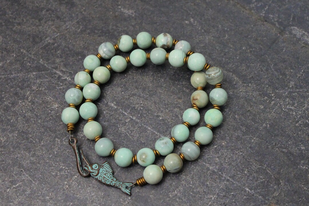 Copper Patina Fish Necklace: Verde Terra Agate Beaded Jewelry - Etsy