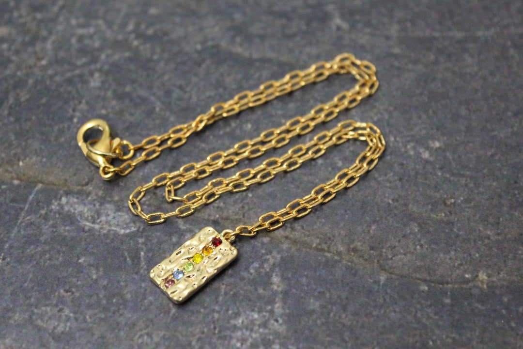 Antique Gold Rainbow Chain Necklace, Rainbow Crystal Hammered Rectangle ...