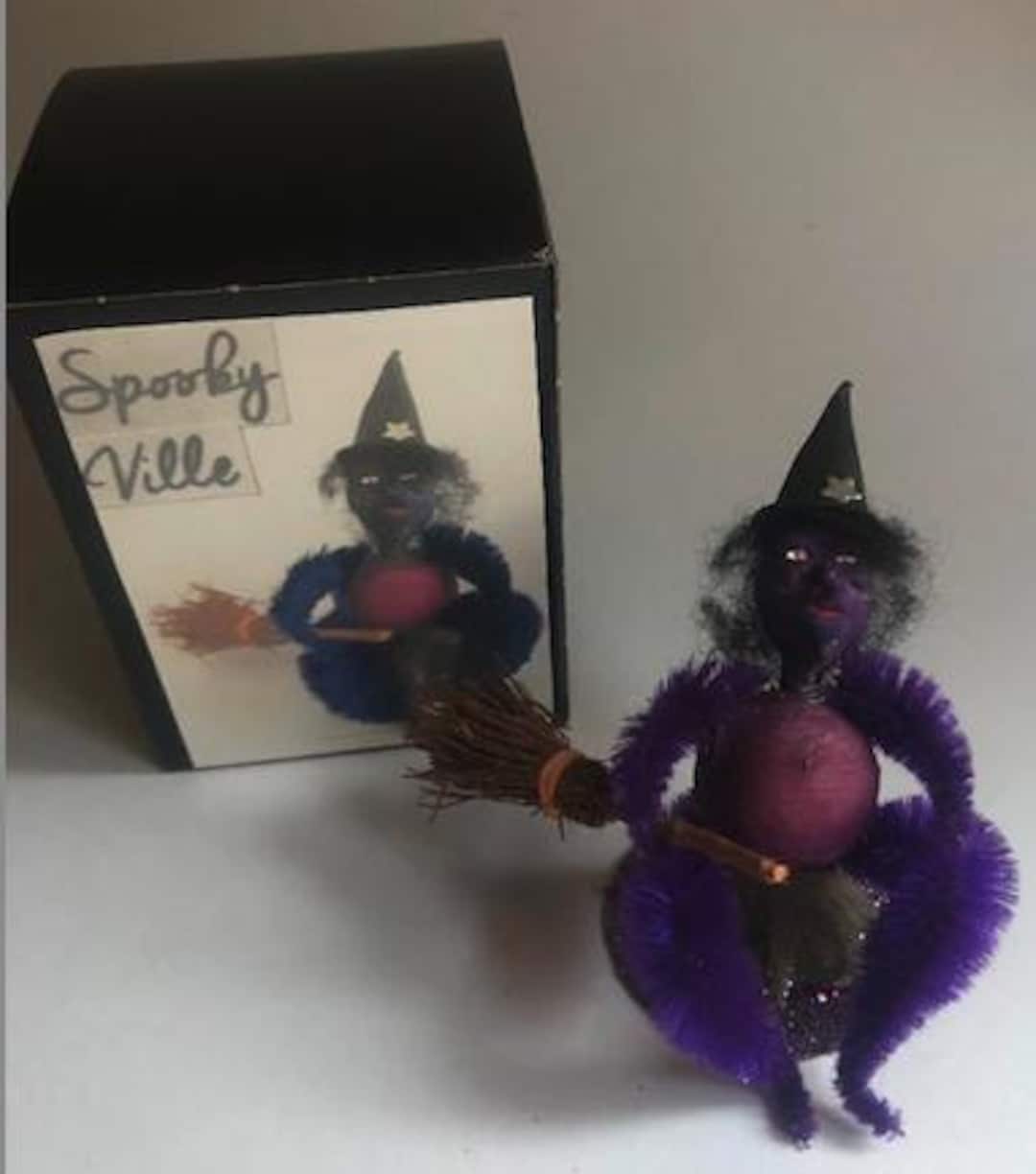 Spookyville Halloween Decoration Witch W Broom Star on Hat 3" High - Etsy