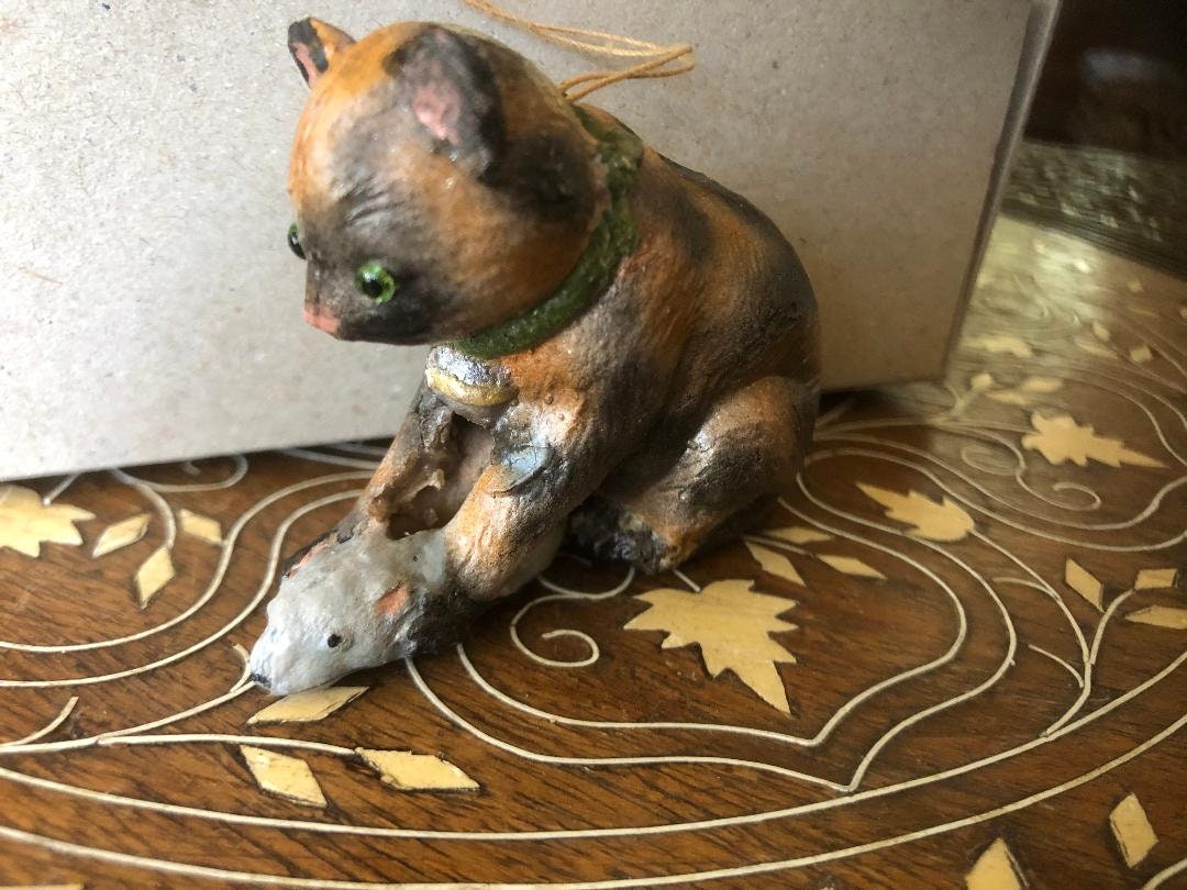 New Tortoise Shell Cat Catches Mouse Dresden Paper Christmas Ornament ...