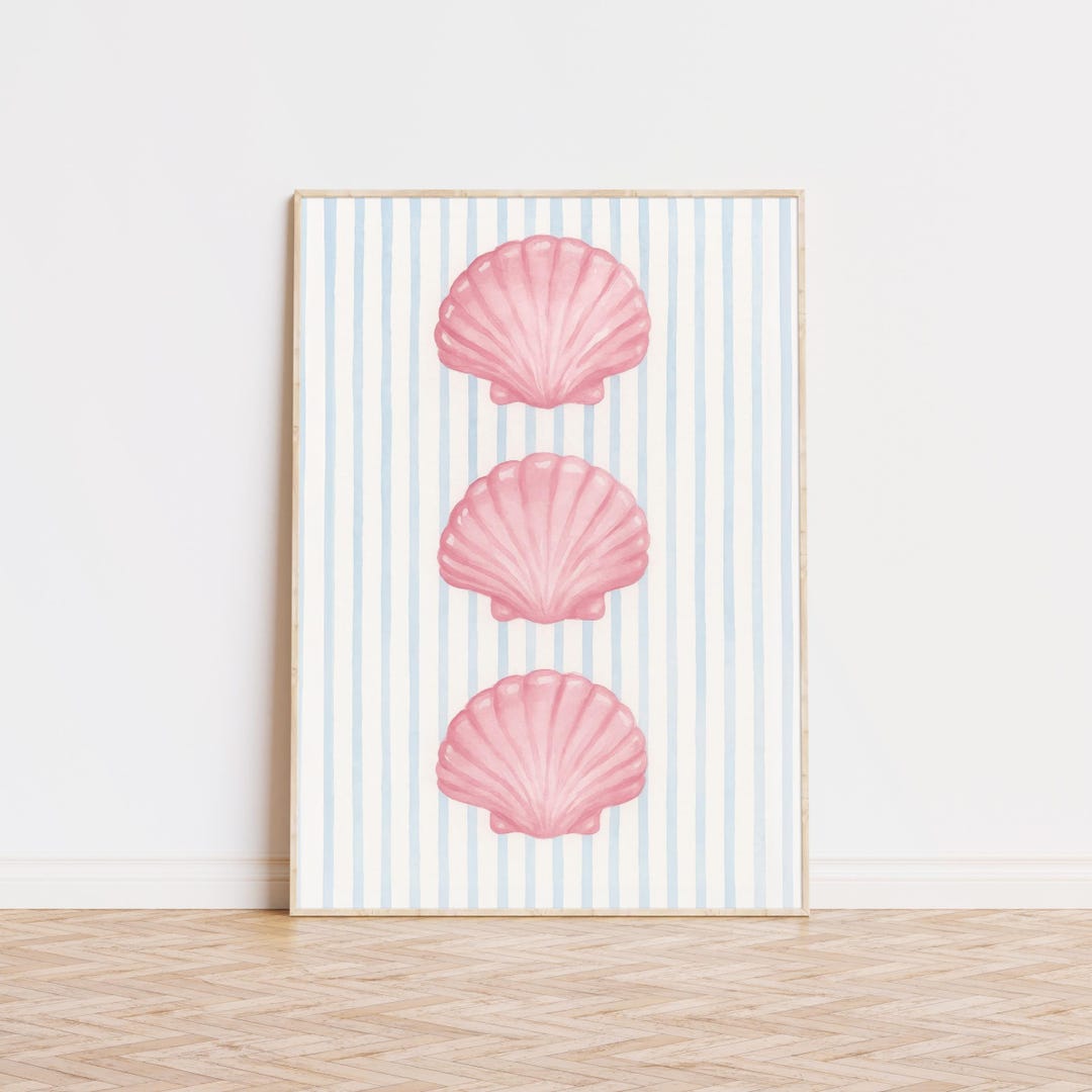 Pink Sea Shells Striped Print, Girly Beach Print, Coastal Print, Trendy ...