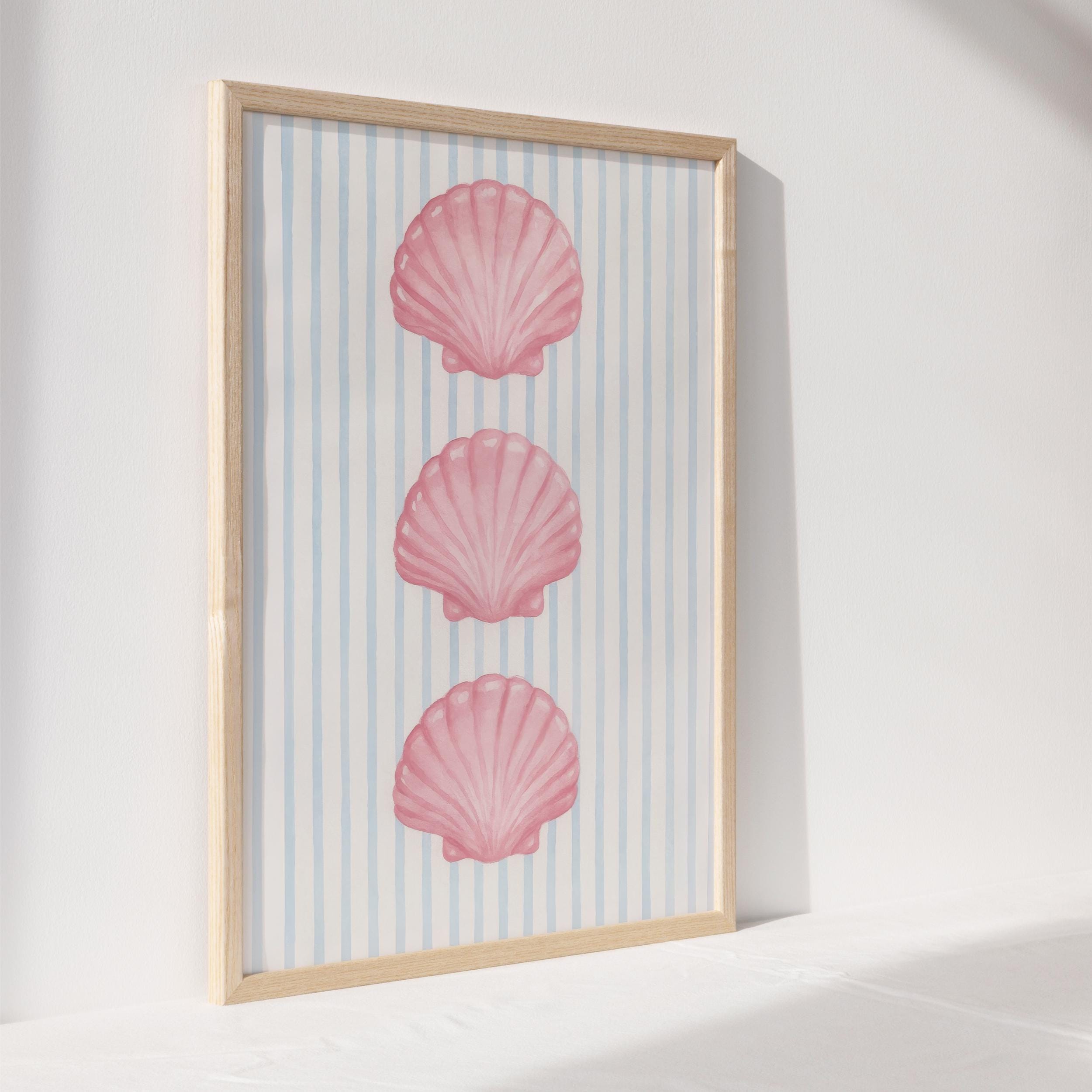 Pink Sea Shells Striped Print, Girly Beach Print, Coastal Print, Trendy ...