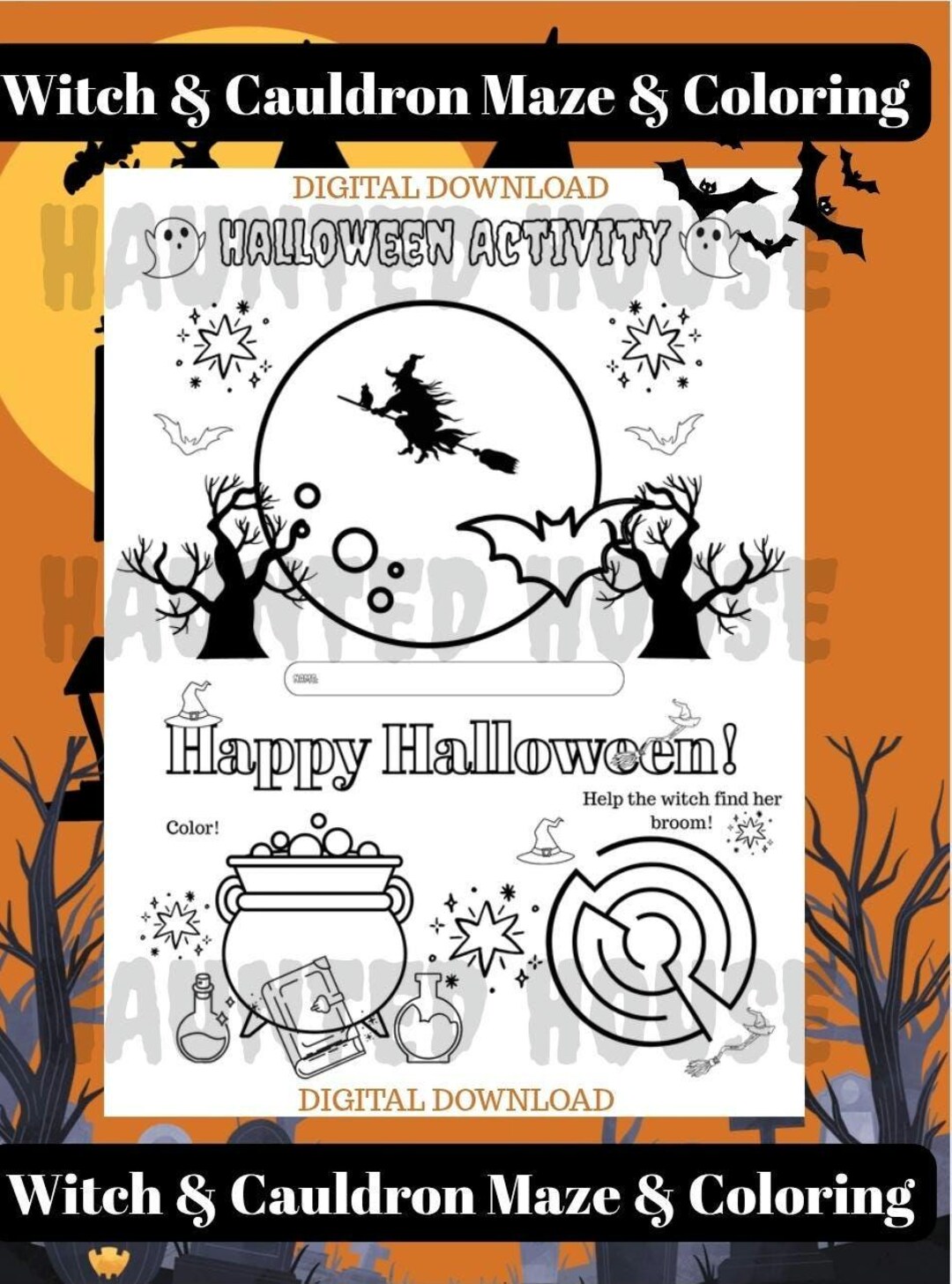 Witch & Cauldron Halloween Activity Sheet – Printable Maze + Coloring ...
