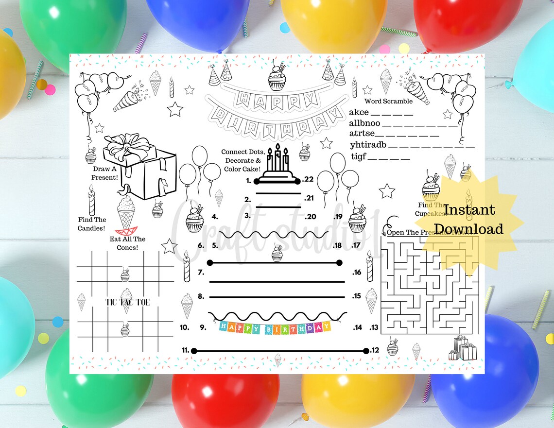 Happy Birthday Placemat|digital Download|kids Activities & Color Sheet ...