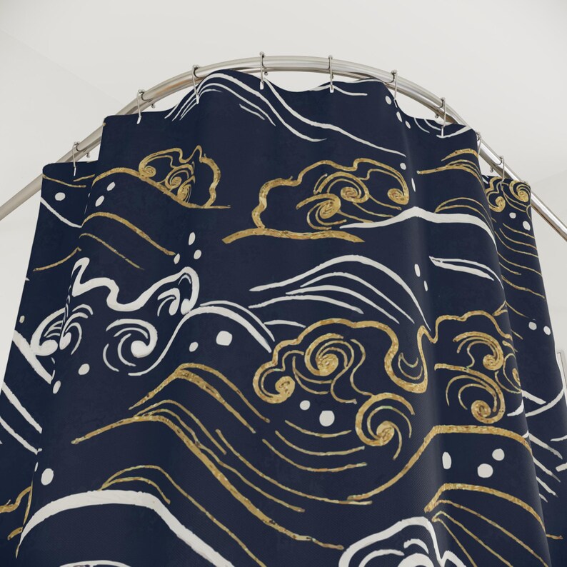 Elegant Japanese Wave Pattern Shower Curtain Minimalist Bathroom Decor ...
