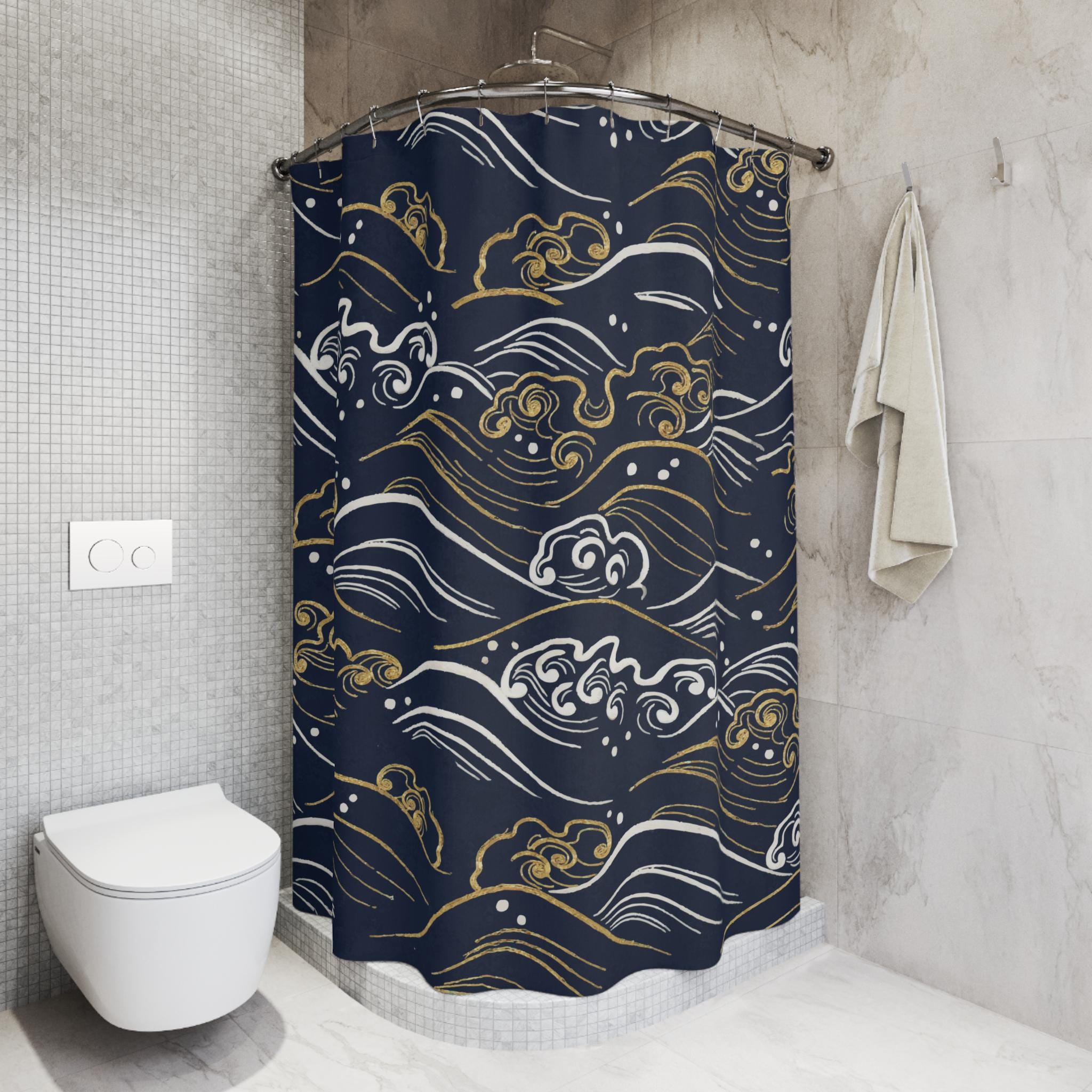 Elegant Japanese Wave Pattern Shower Curtain Minimalist Bathroom Decor ...