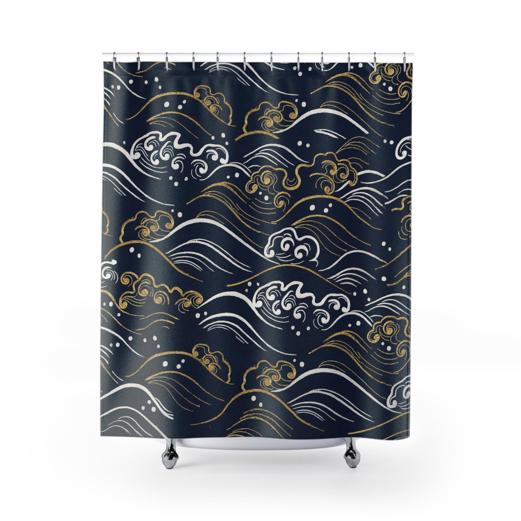 Elegant Japanese Wave Pattern Shower Curtain Minimalist Bathroom Decor ...