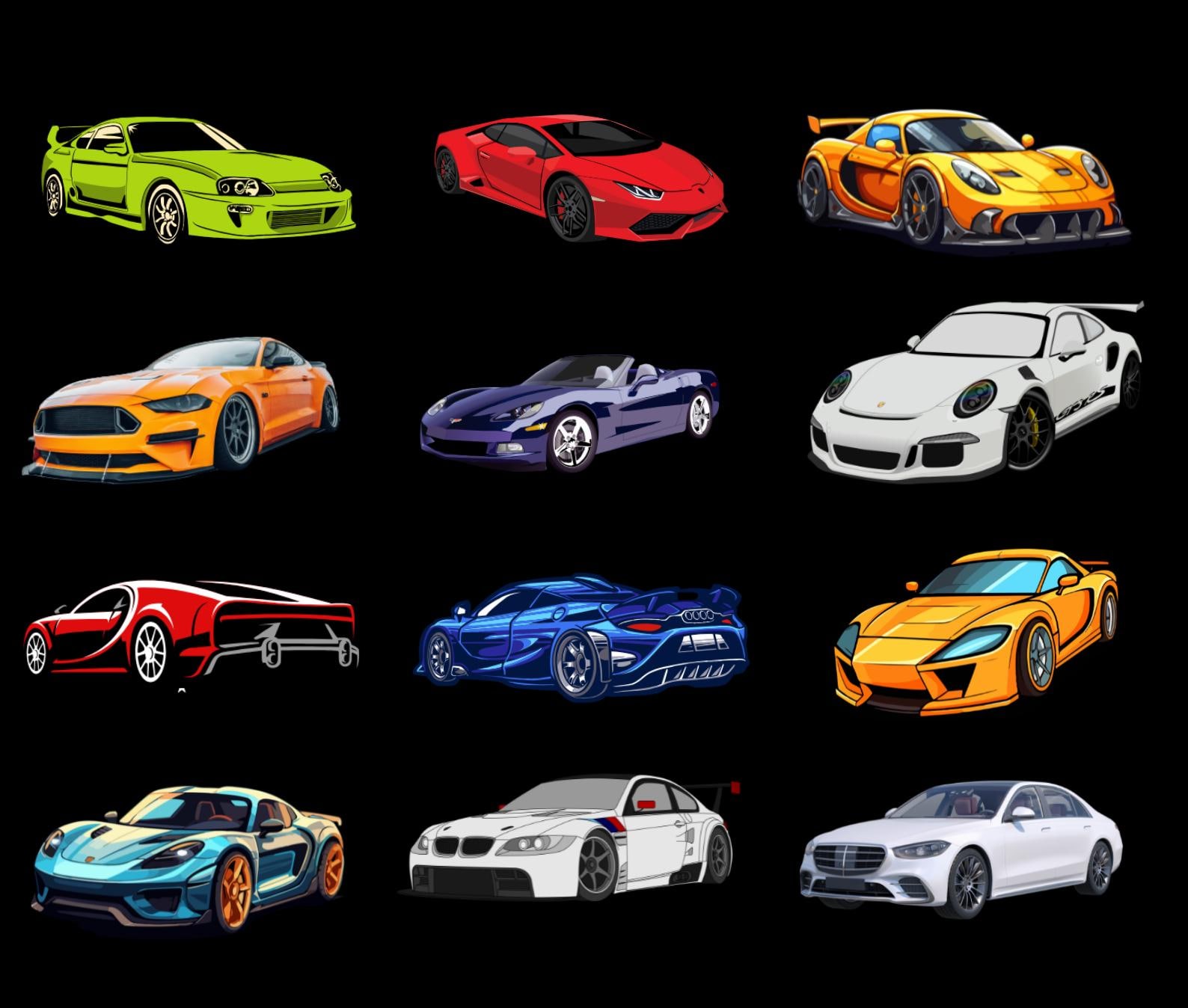 12 Super Cars Digital Clipart Set | Cartoon Car Graphics for T-shirts ...