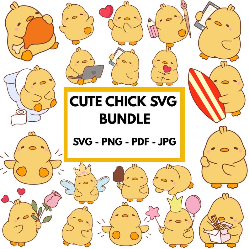 Paquete SVG de pollito kawaii / Clipart de pollito divertido (archivos ...
