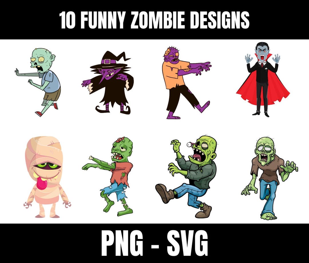 10 Funny Zombie Designs - PNG, SVG Digital Download for Halloween ...