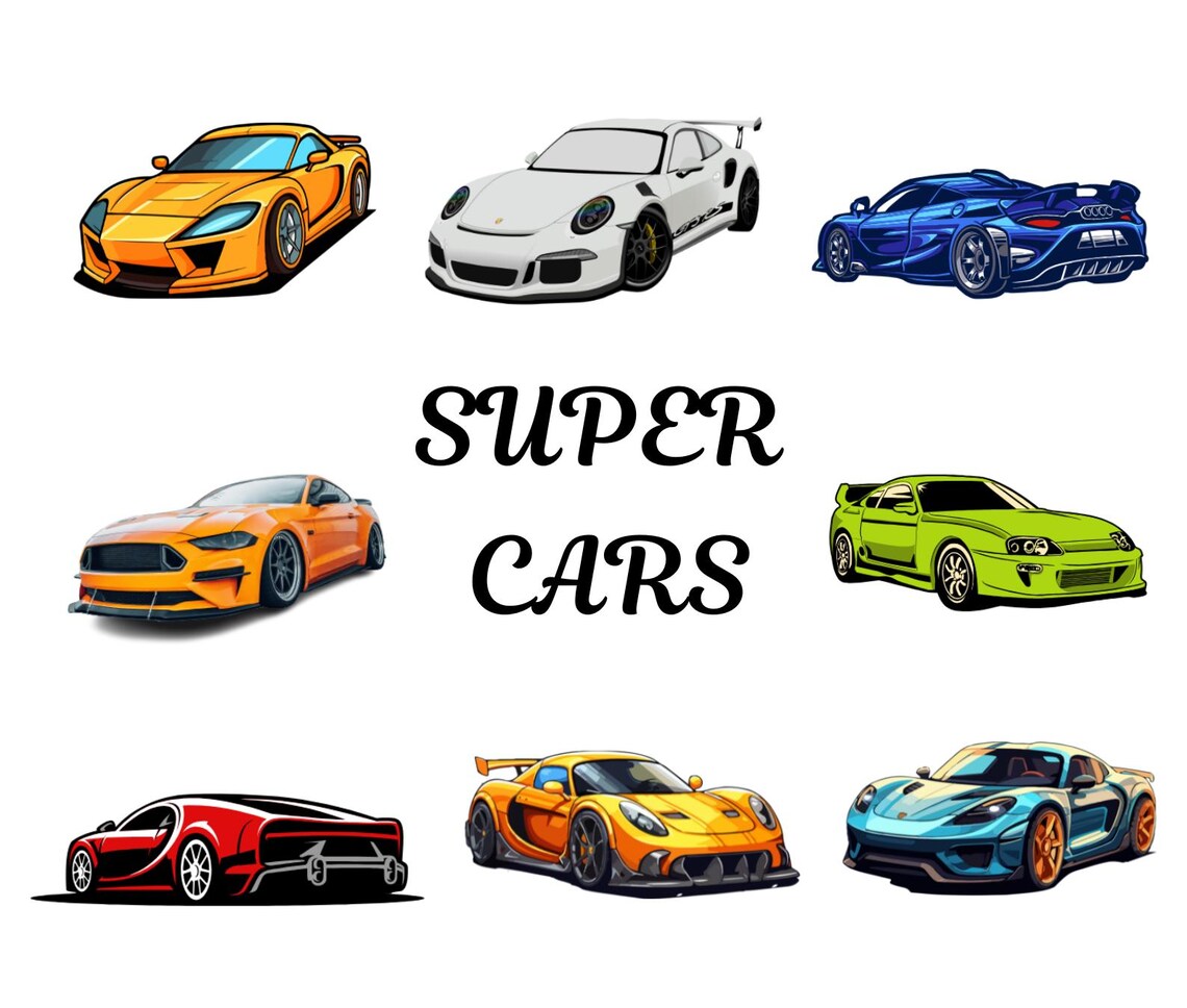 12 Super Cars Digital Clipart Set | Cartoon Car Graphics for T-shirts ...