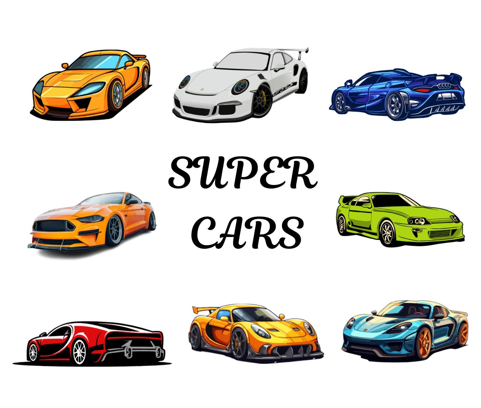 12 Super Cars Digital Clipart Set | Cartoon Car Graphics for T-shirts ...