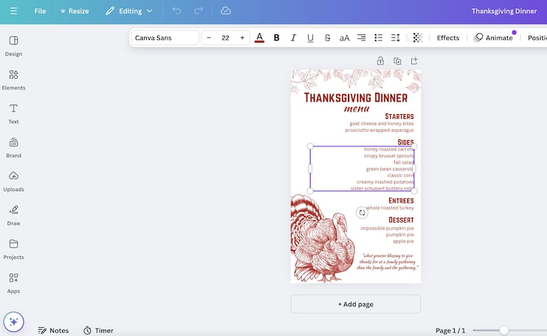 Thanksgiving Dinner Menu Editable Digital Download Canva - Etsy