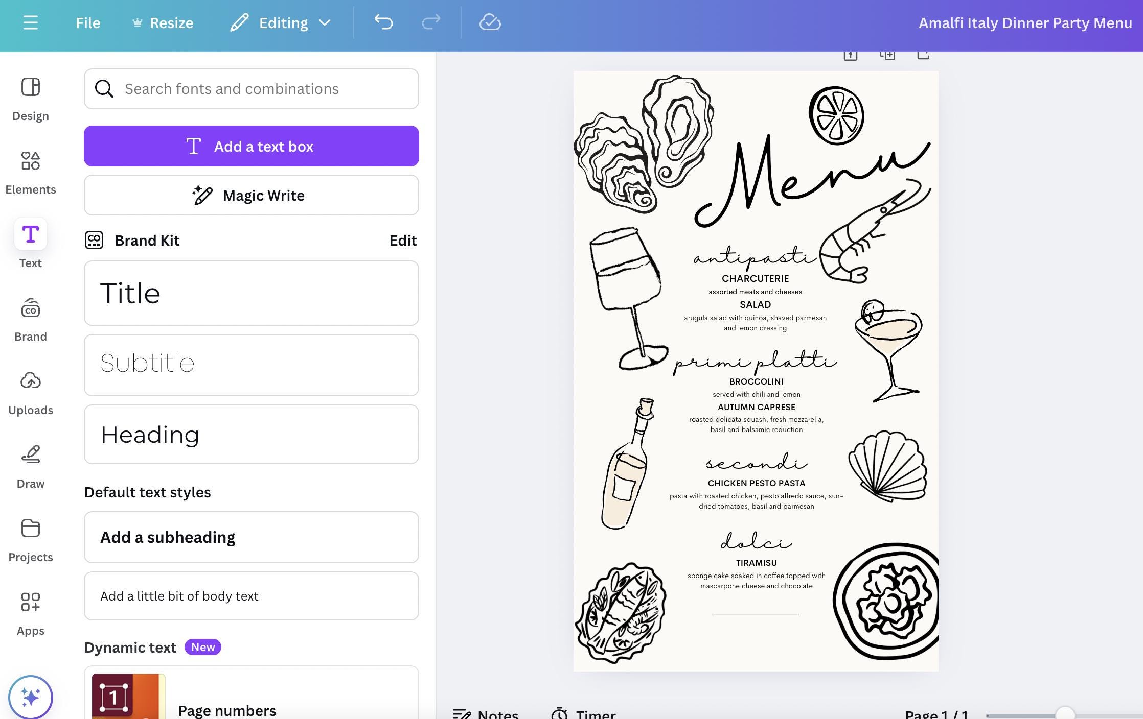 Amalfi Italian Inspired Dinner Party Menu Editable Digital Download ...