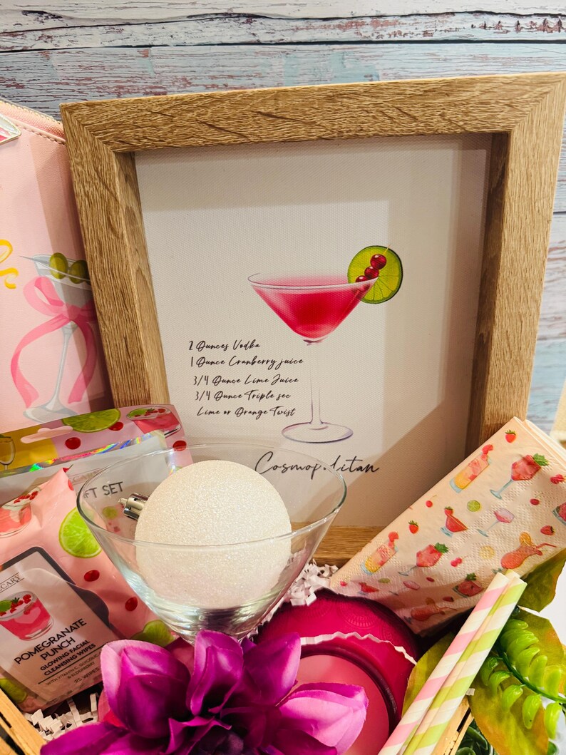 Cosmopolitan Gift Basket | Martini Makeup Bag, Pink Candle & Cosmo ...