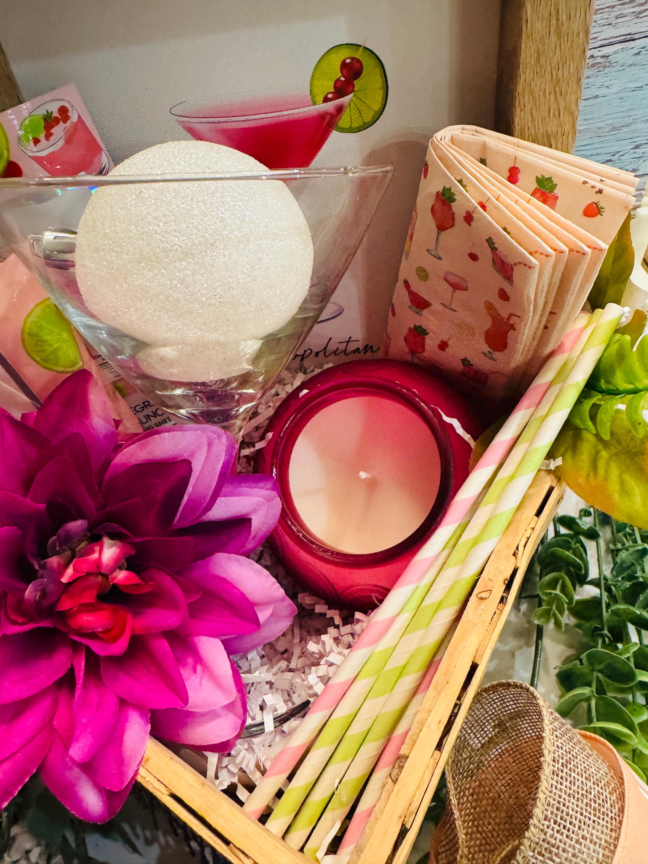 Cosmopolitan Gift Basket | Martini Makeup Bag, Pink Candle & Cosmo ...