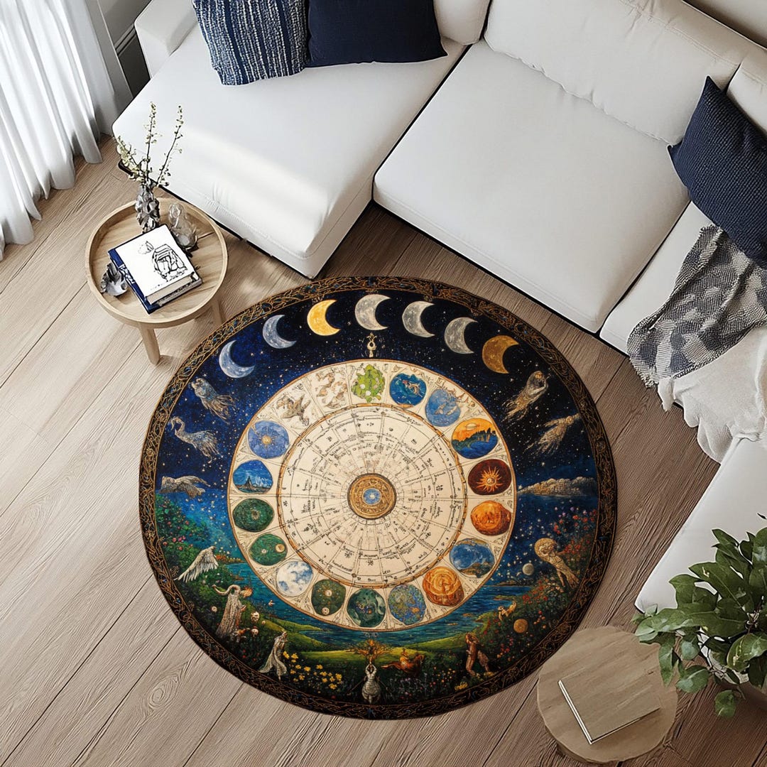 Zodiac Circle Rug, Astrology Round Rug, Lunar Phase Design, Horoscope ...