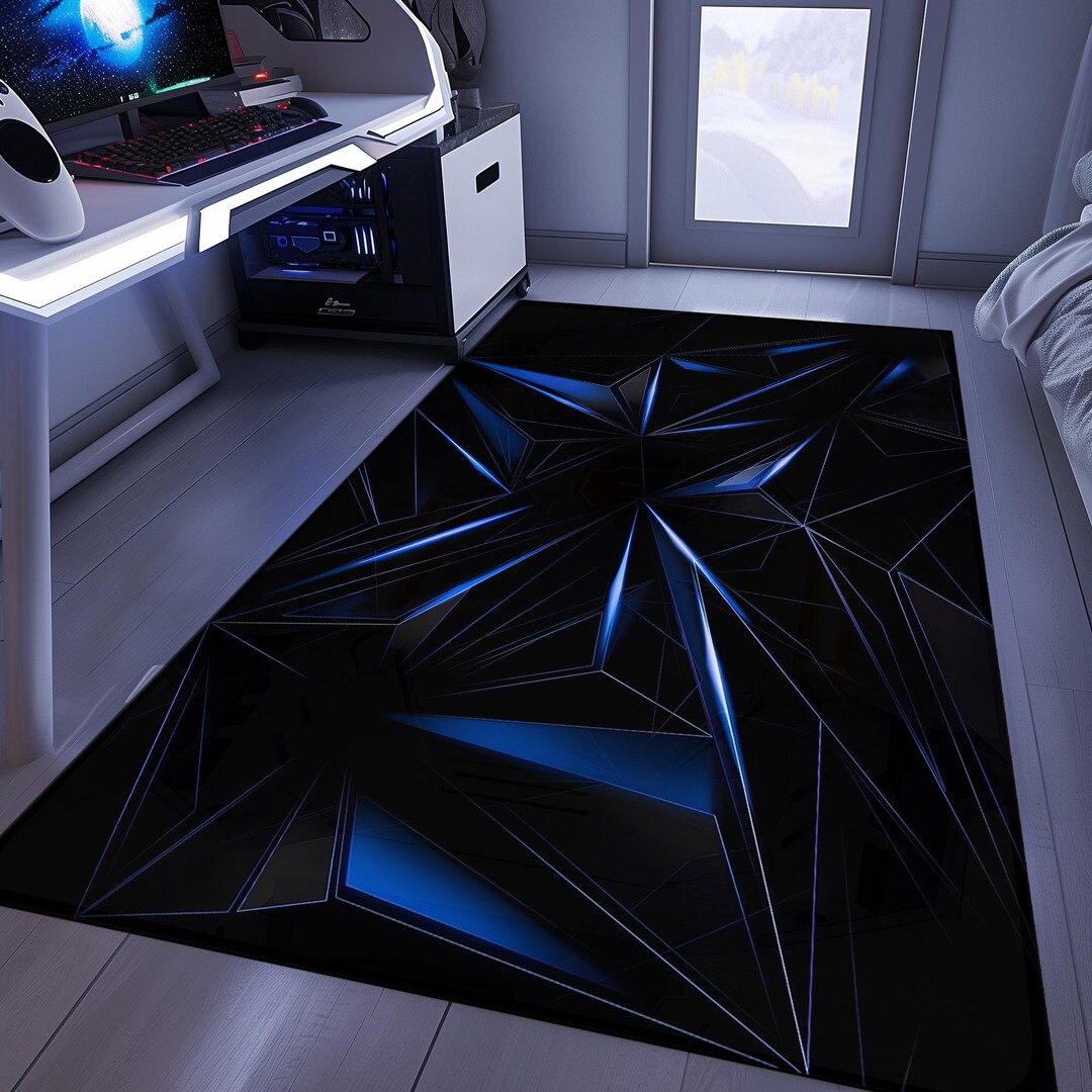 3D Geometric Rug for Gaming Room, LED Inspired, Black and Blue Rug ...