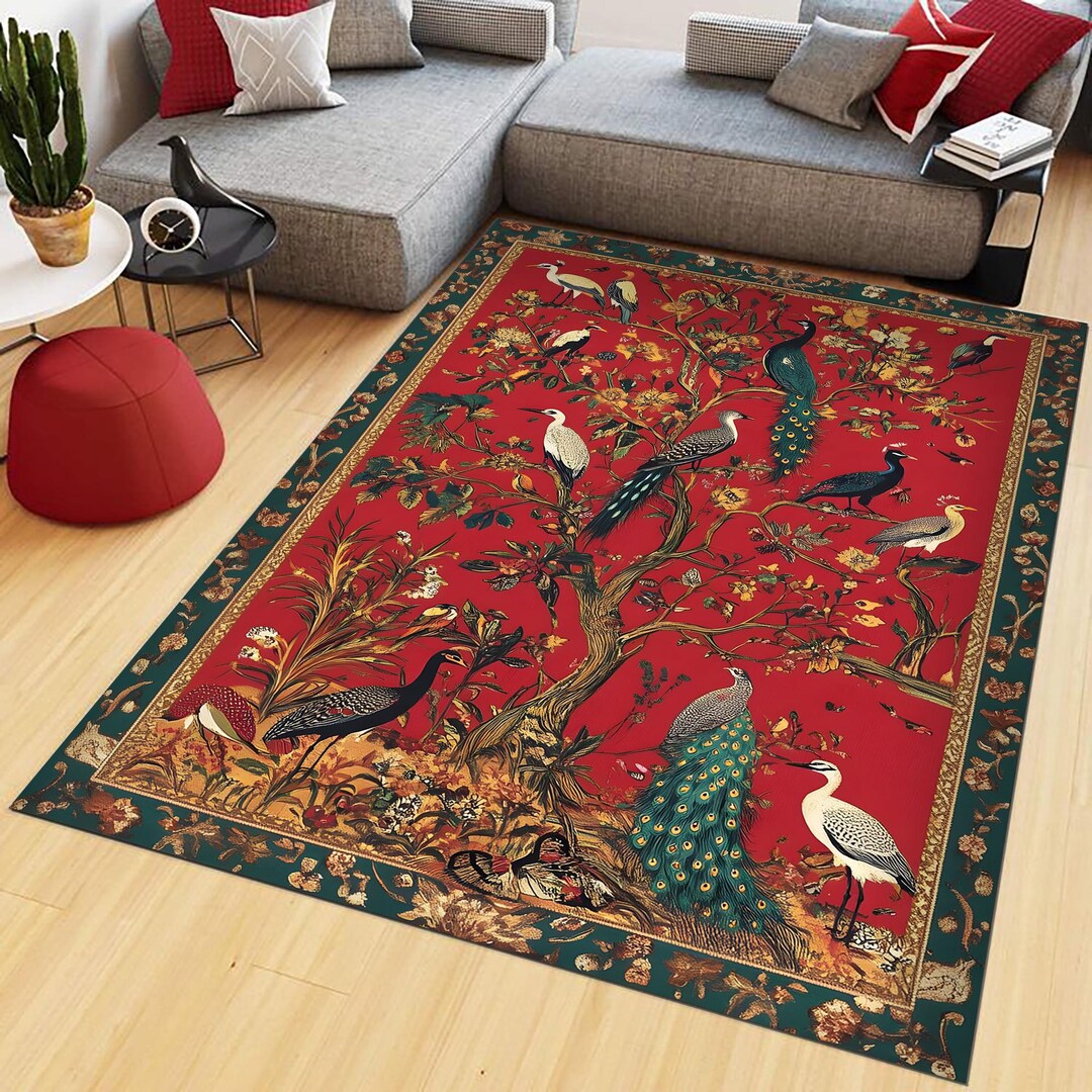 Bird Pattern Rug, Floral Animal Rug, Peacock Design Carpet, Elegant ...