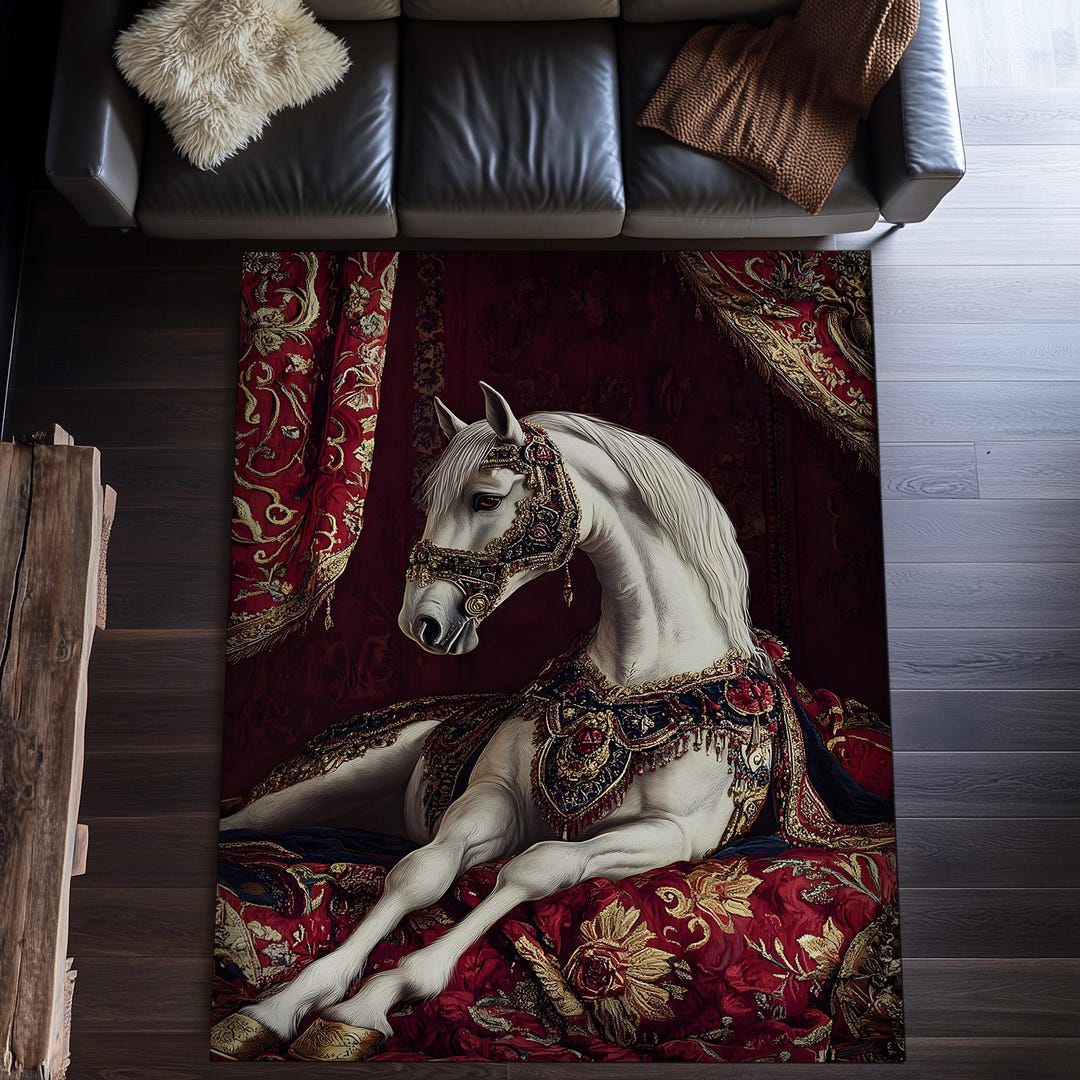Royal White Horse Rug, Ornate Horse Decor, Luxury Carpet, Equestrian ...