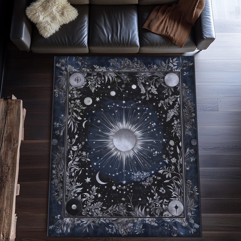 Silver-dark Theme Lunar Phases Rug, Gothic Rug, Home Decor, Modern Art ...